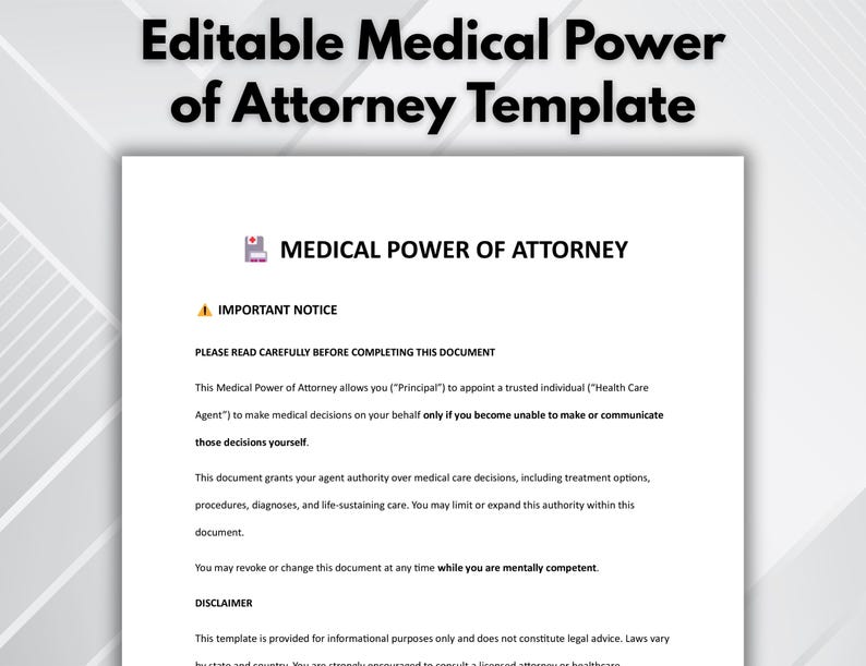 Medical Power of Attorney Template | Editable Healthcare POA Form ...