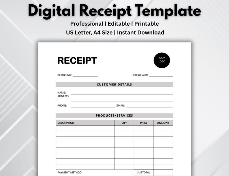 Editable Receipt Template. Receipt Form. Customer Receipt. Small ...