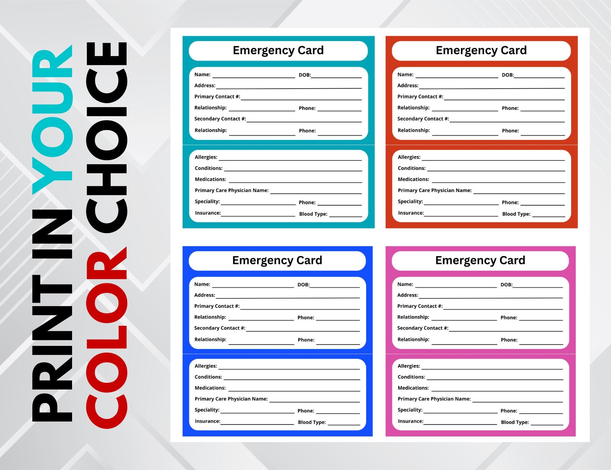 Emergency Contact Card | Printable ICE Wallet Card | Editable Medical ...