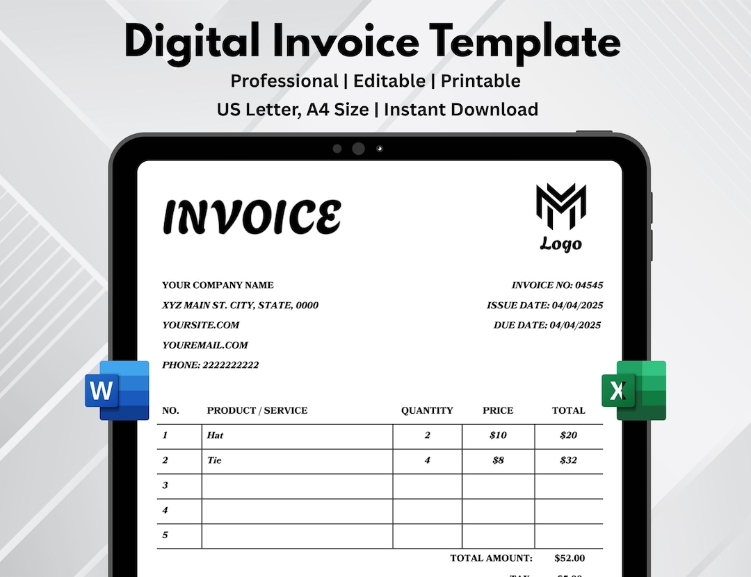 Professional Invoice Template | Word & Excel | Auto-formula Billing ...