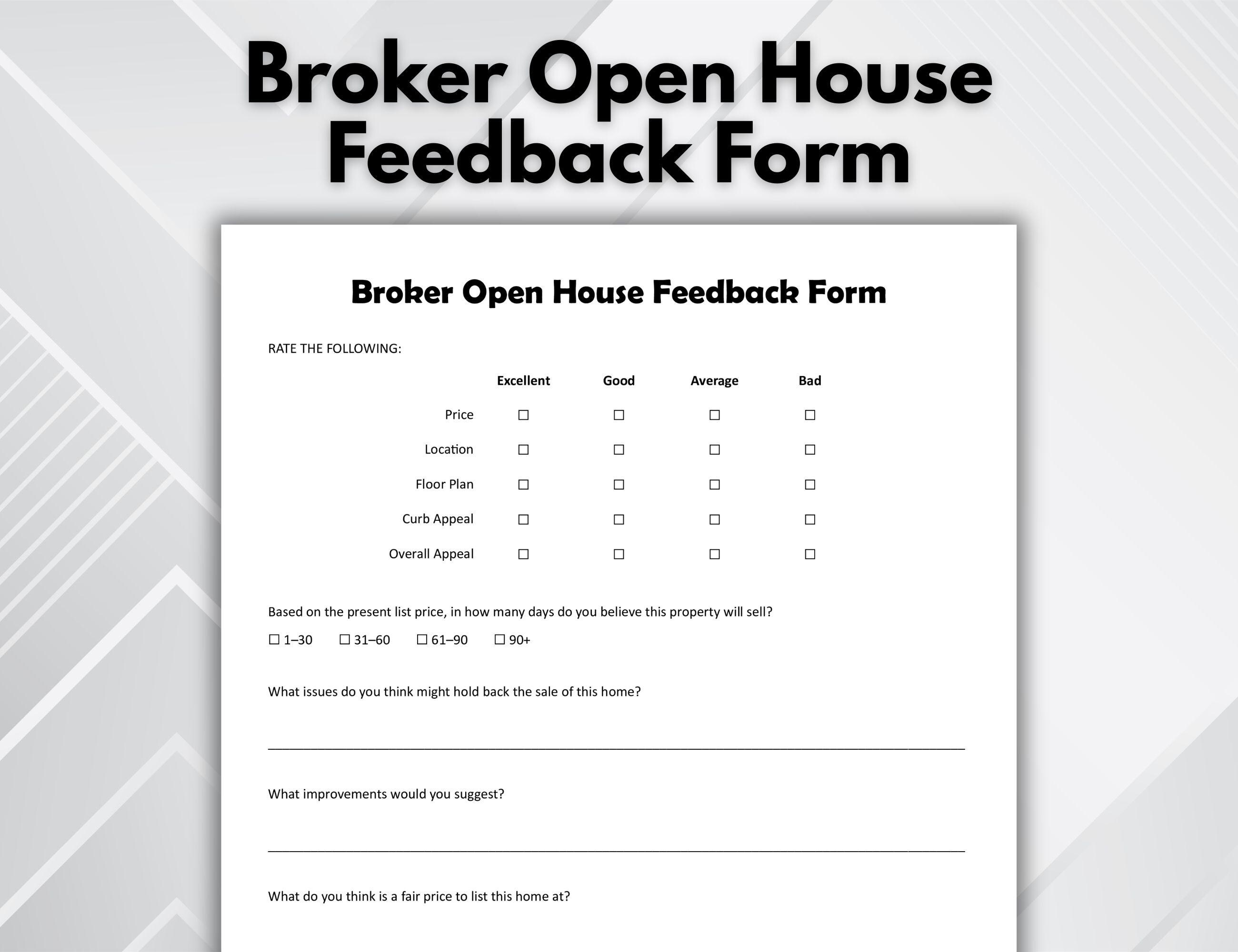 Broker Open House Feedback Form, Printable Real Estate Agent Open House ...