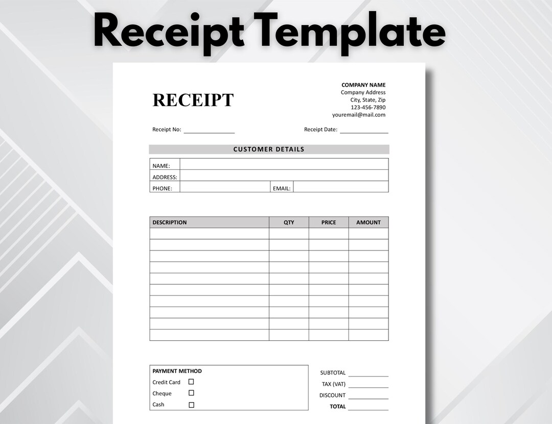 Editable Receipt Template. Small Business Digital Receipt Form ...