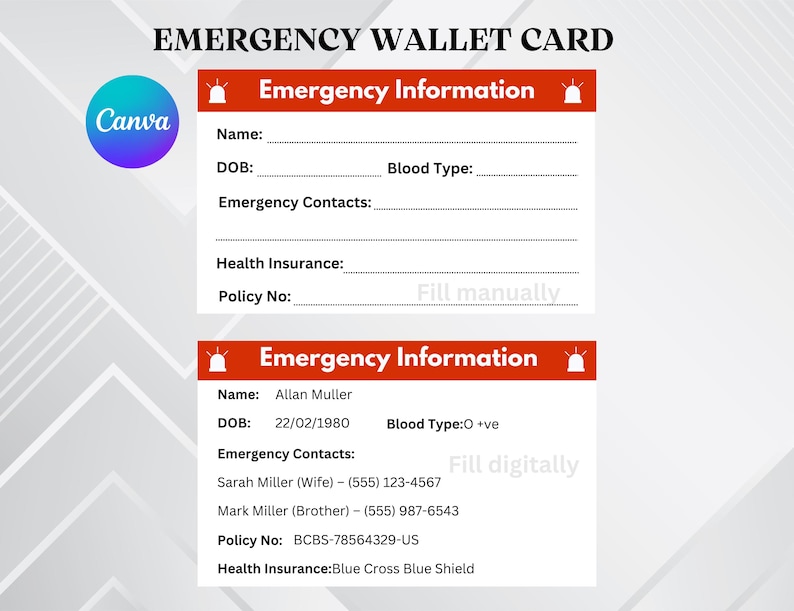 Editable Emergency Contact Card | Printable Medical ID Wallet Card ...