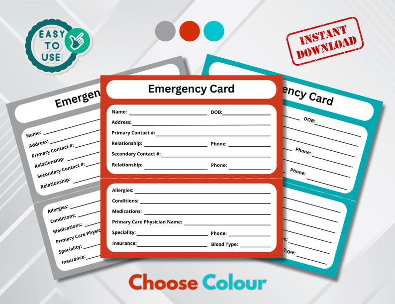 Emergency Contact Card | Printable ICE Wallet Card | Editable Medical ...