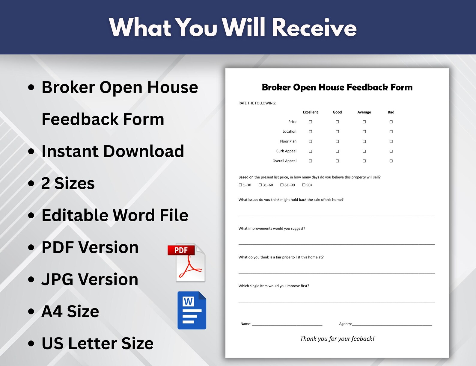 Broker Open House Feedback Form, Printable Real Estate Agent Open House ...
