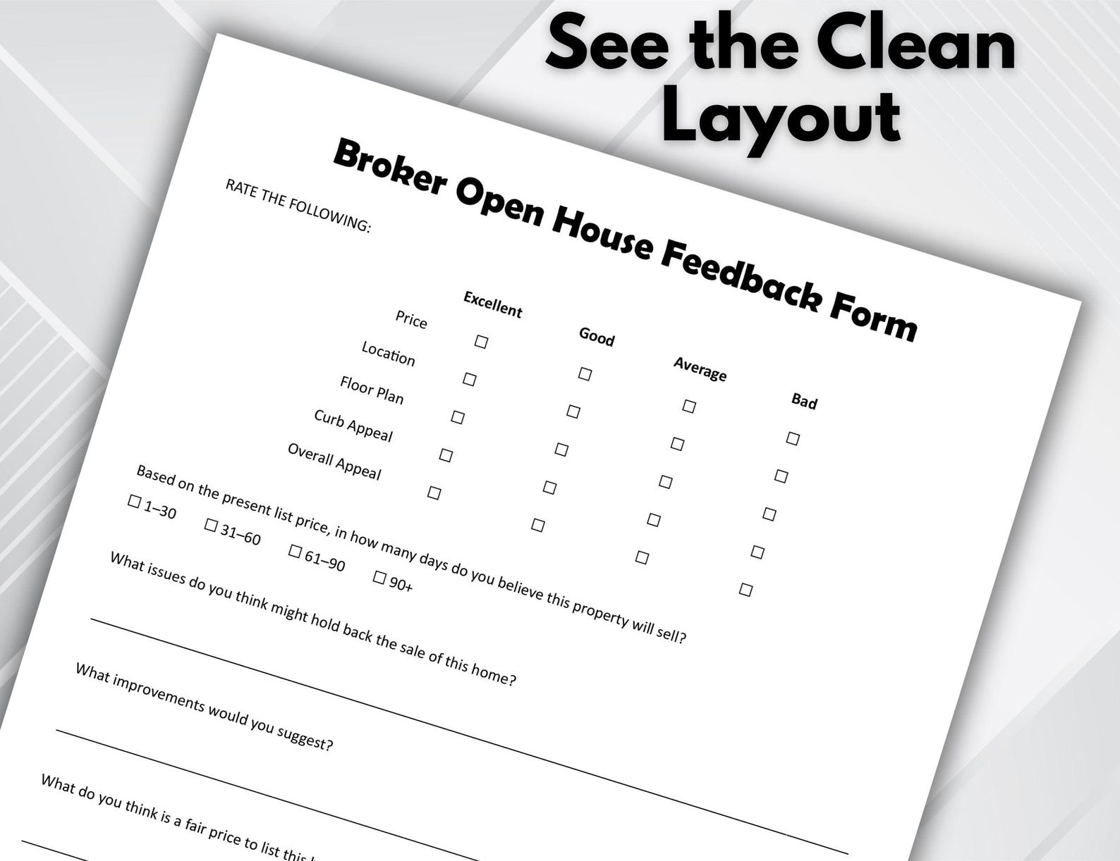 Broker Open House Feedback Form, Printable Real Estate Agent Open House ...