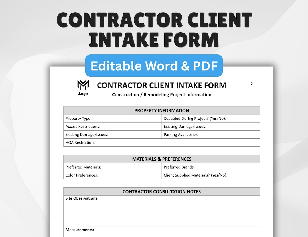 Contractor Client Intake Form Template | Construction Client ...