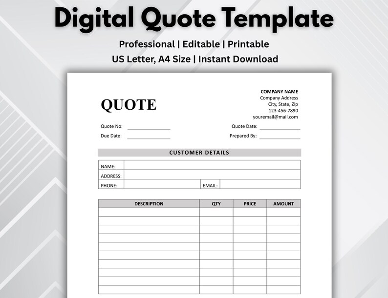 Printable Quote Template. Quote Form. Job Proposal. Price Estimate for ...