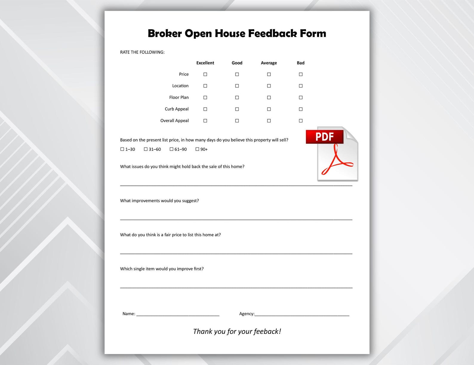 Broker Open House Feedback Form, Printable Real Estate Agent Open House ...