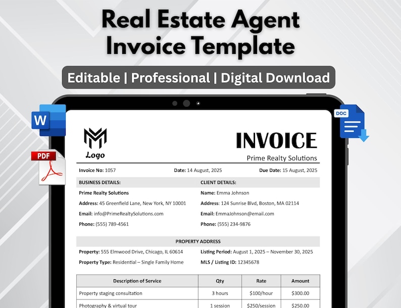 Real Estate Agent Invoice Template, Editable Realtor Billing Form ...