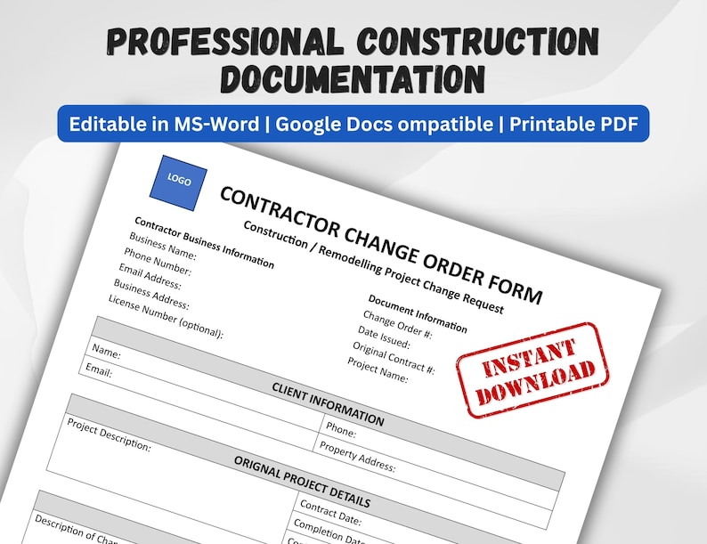Construction Change Order Template | Remodeling Change Order Form ...