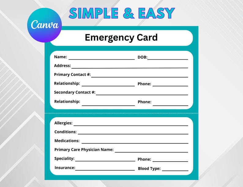 Emergency Contact Card | Printable ICE Wallet Card | Editable Medical ...
