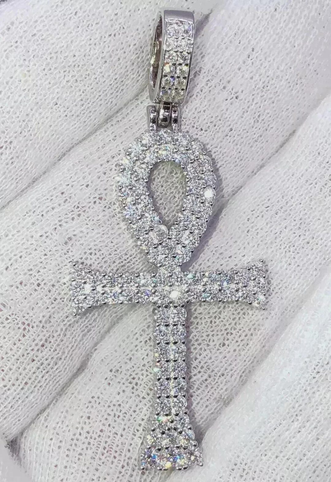 Custom Round Cut Moissanite Diamond Ankh Cross Pendant | 14K White Gold ...