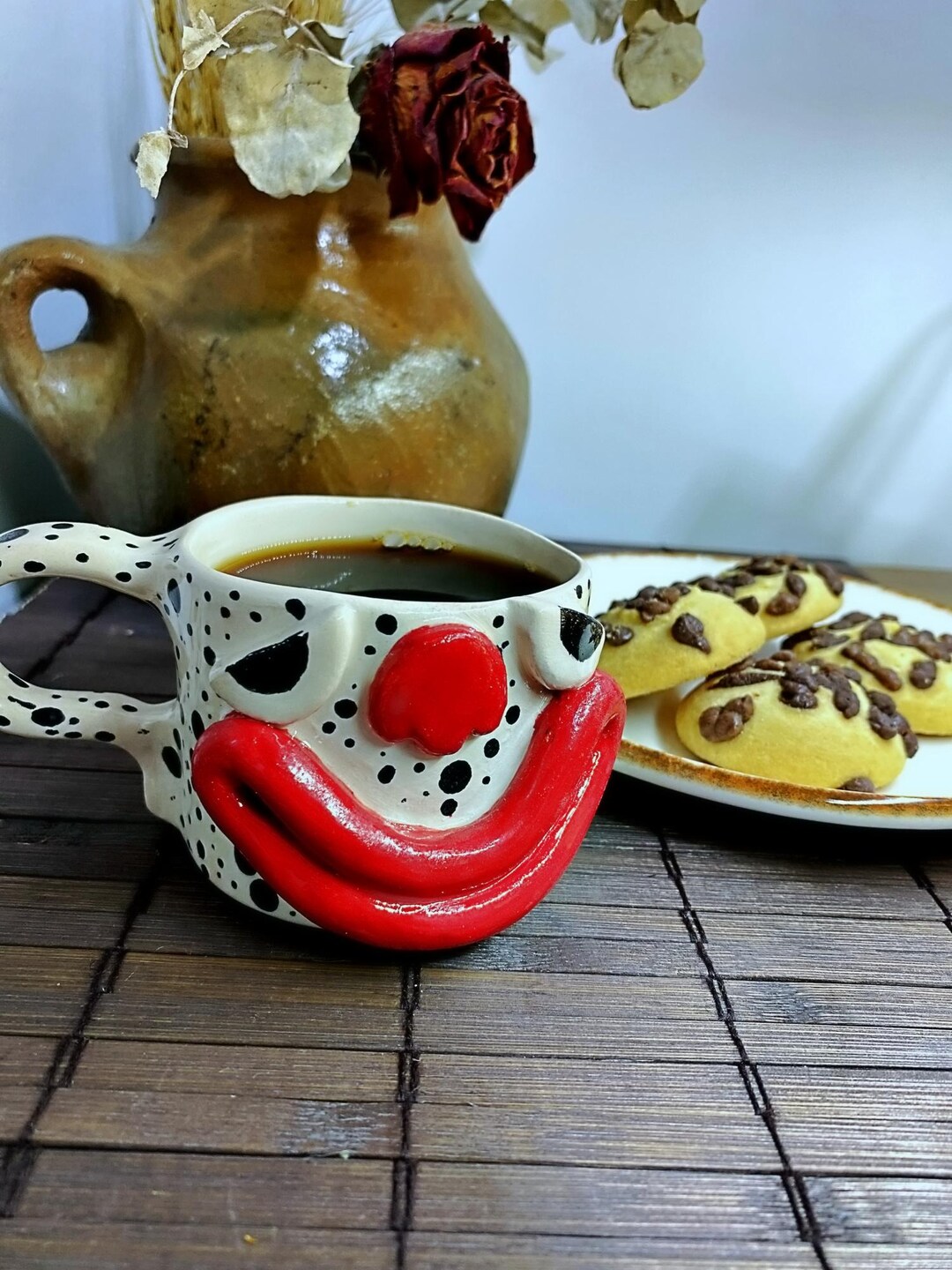Dopamine Decor-happy Face Design Mug With Spots - Handmade Pottery ...