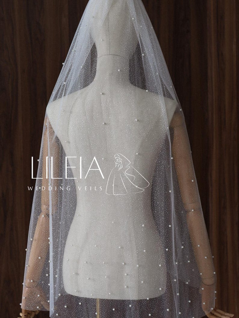 Cathedral Glitter Wedding Veil, Pearl Embellished Lace Bridal Veil ...