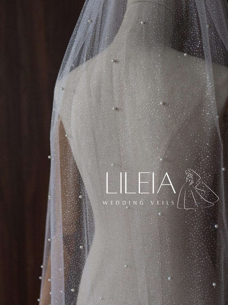 Cathedral Glitter Wedding Veil, Pearl Embellished Lace Bridal Veil ...