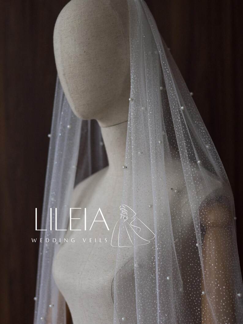 Cathedral Glitter Wedding Veil, Pearl Embellished Lace Bridal Veil ...