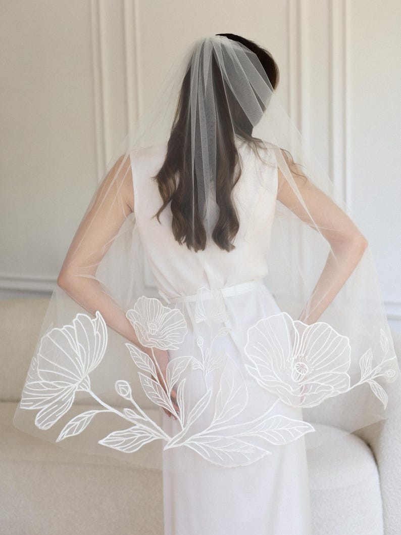 Chapel Length Mantilla Veil With Large Floral Embroidery – Wedding ...