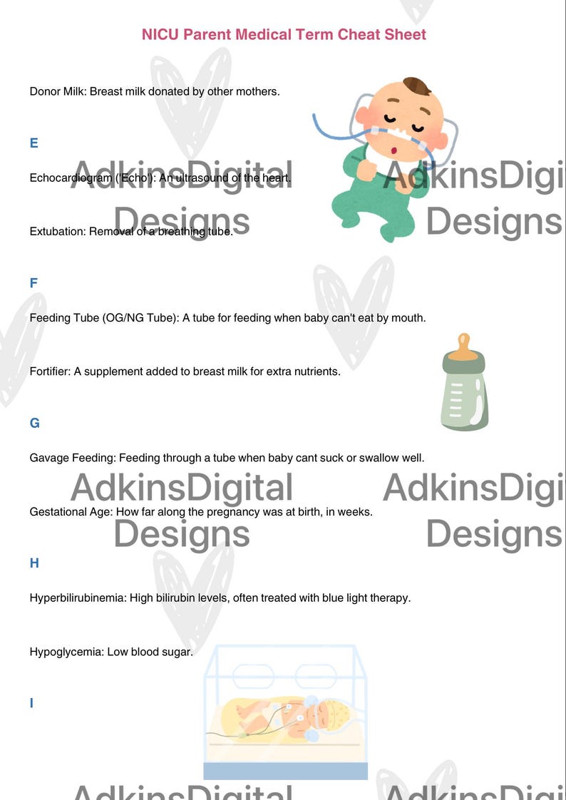 Colorful NICU Medical Term Cheat Sheet | Neonatal Parent Guide ...