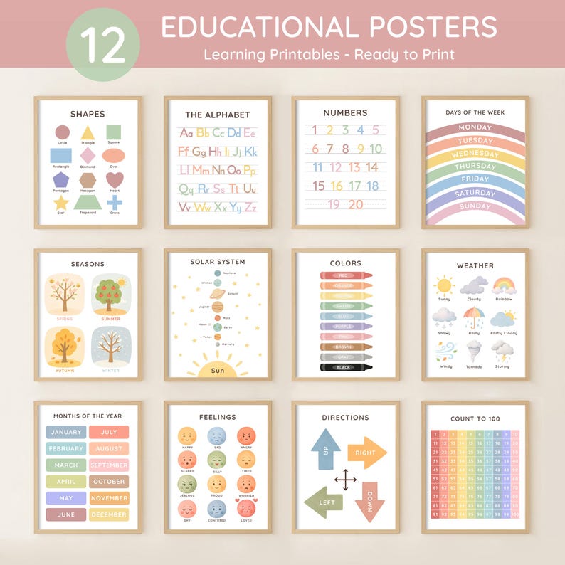 Set of 12 Educational Printable Posters, Homeschool Preschool Learning ...