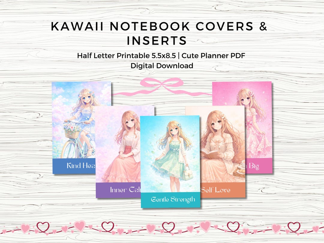 Kawaii Girl Notebook Covers | Half Letter Planner Inserts (PDF Download ...