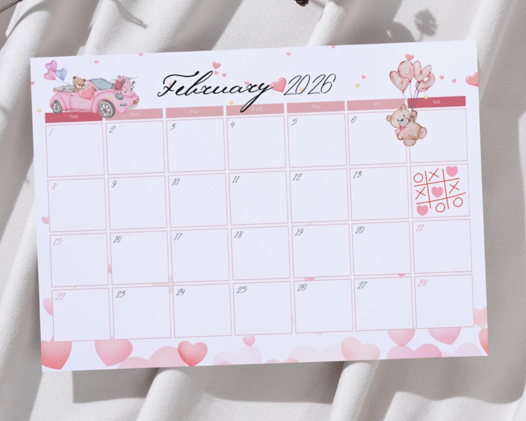 February 2026 Hearts Calendar | Monthly Printable Calendar for Kids ...