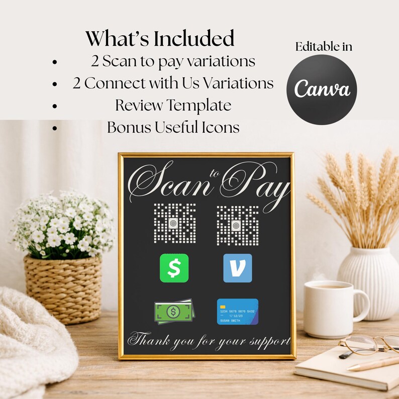 Scan to Pay Sign Template, QR Code Payment, Editable Canva, Venmo Zelle ...