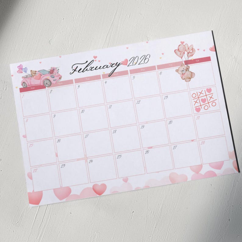 February 2026 Hearts Calendar | Monthly Printable Calendar for Kids ...