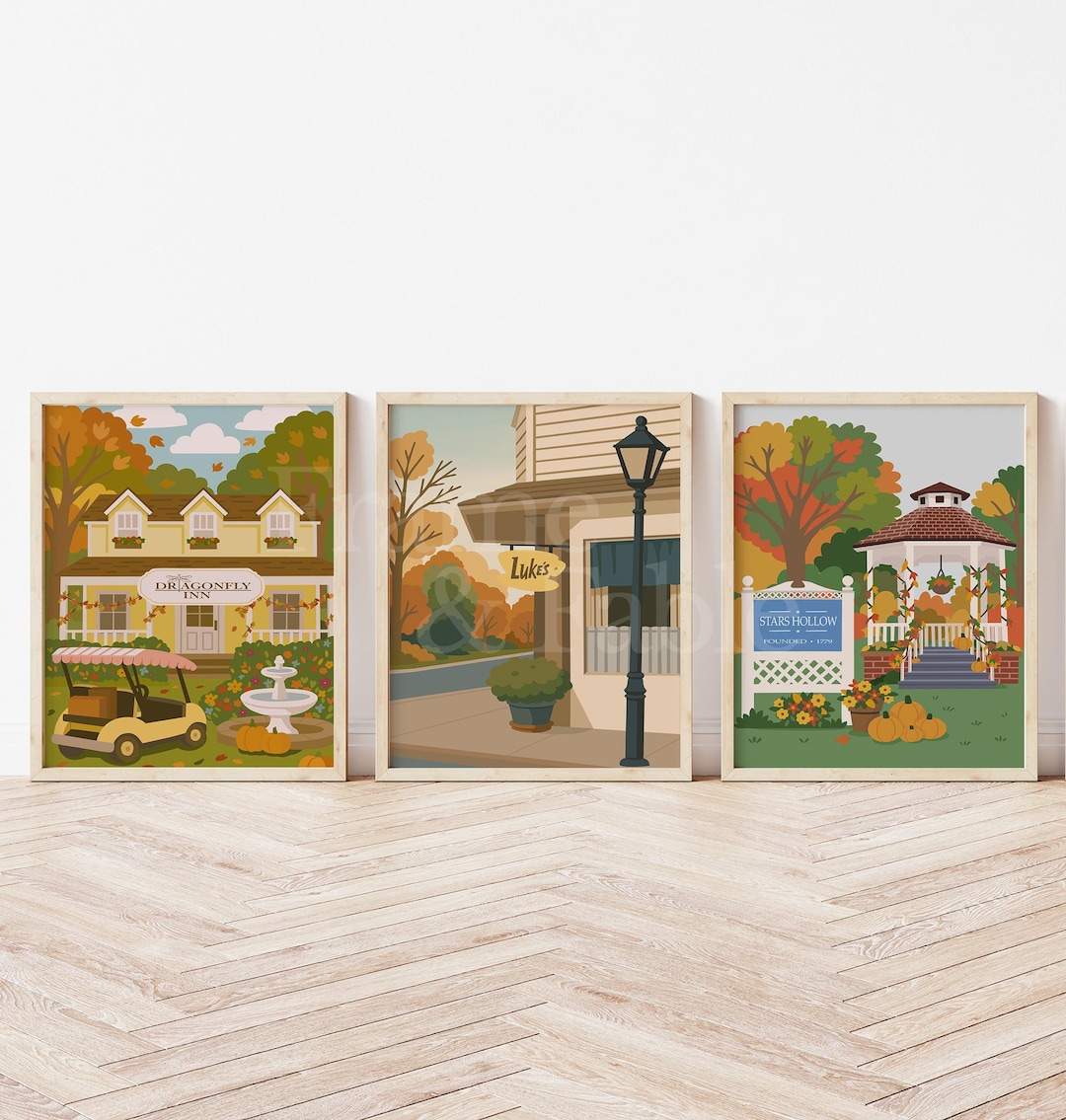 Cozy Fall Town Print Set: Minimalist Autumn Village Decor (digital ...