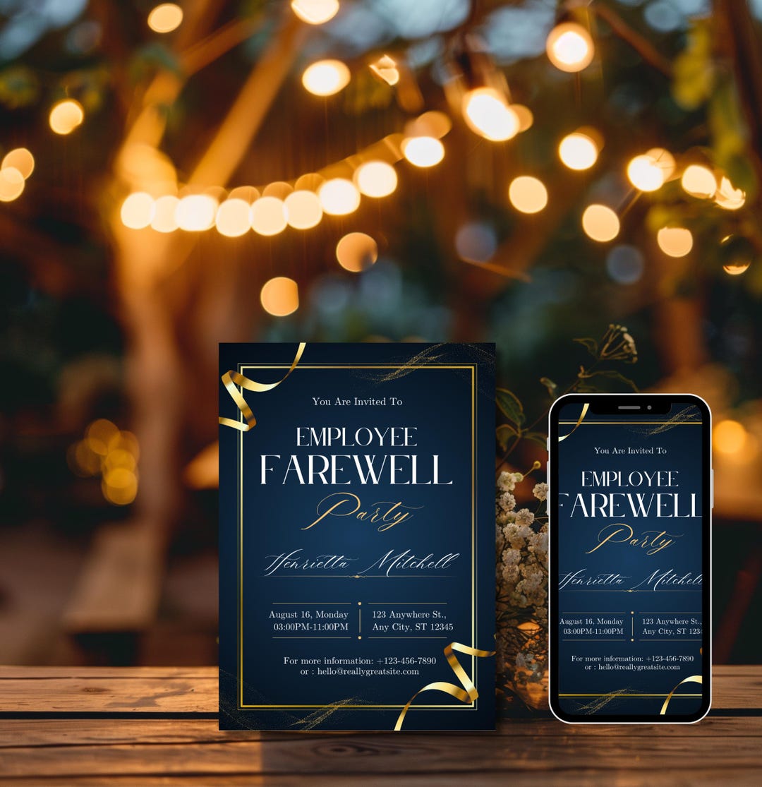 Elegant Farewell Party Invitation: Blue & Gold Office Goodbye (canva ...