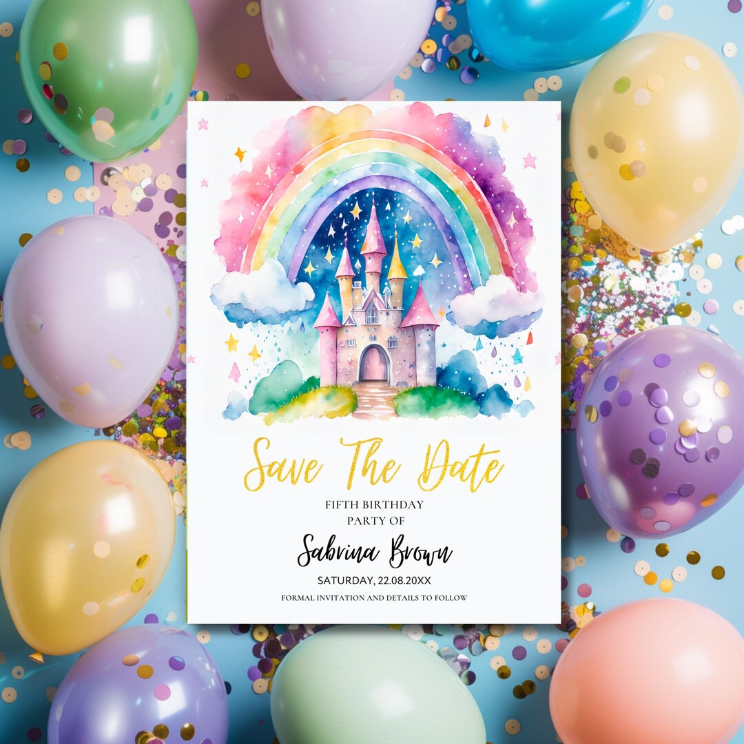 Princess Castle Save the Date • Rainbow Watercolor (digital Download ...