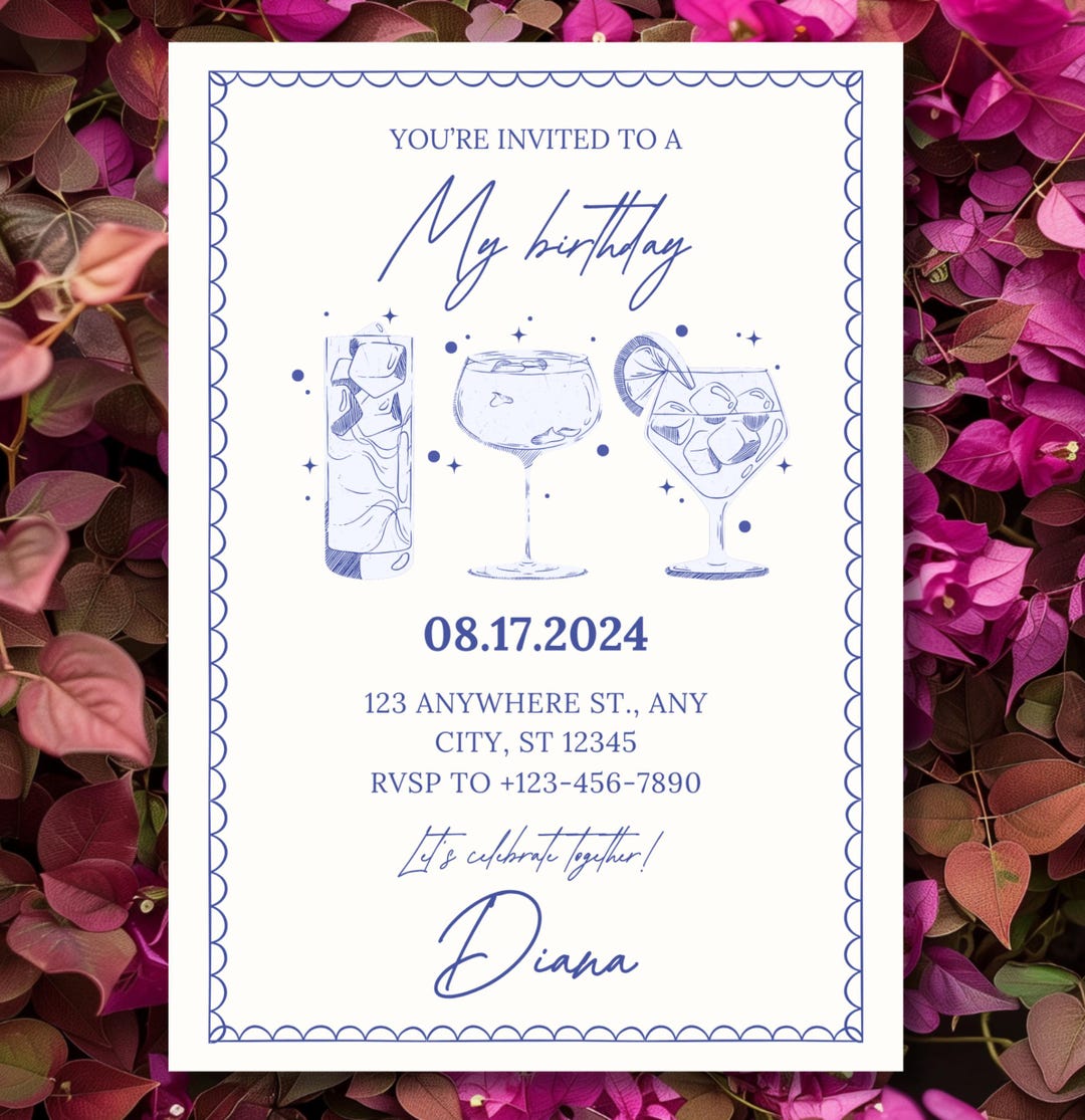 Editable Elegant Birthday Party Invitation | Cocktail Theme | Blue ...