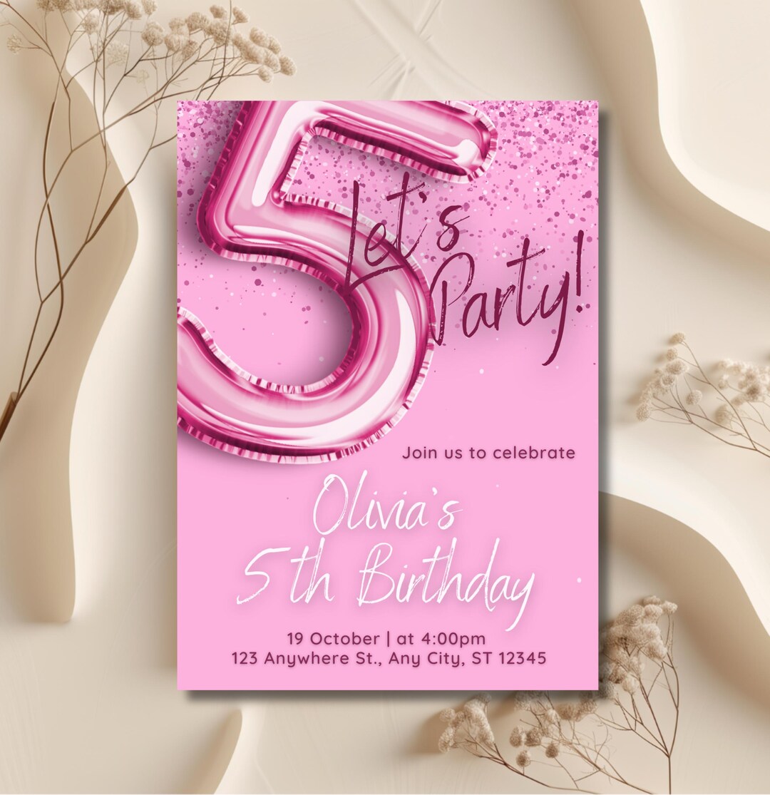 Editable Pink Balloon Number Birthday Invitation | 5th Birthday Party ...