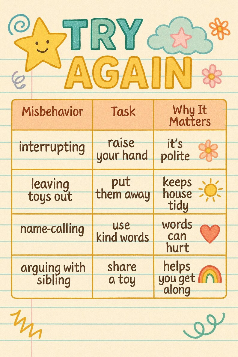 Try Again Tasks – Behavior Chart Bundle Blank + Filled-in Version - Etsy