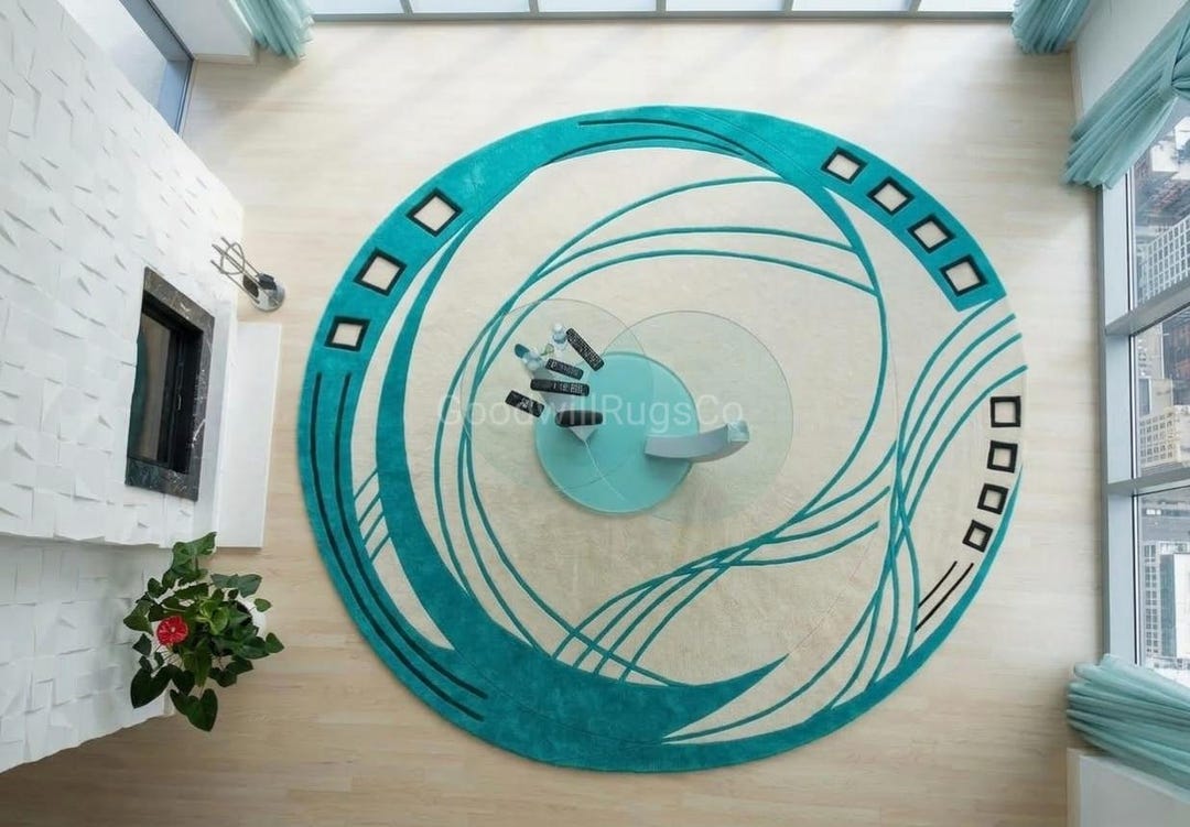 Modern Teal Round Tufted Rug, Handmade Abstract Geometric Area Rug ...