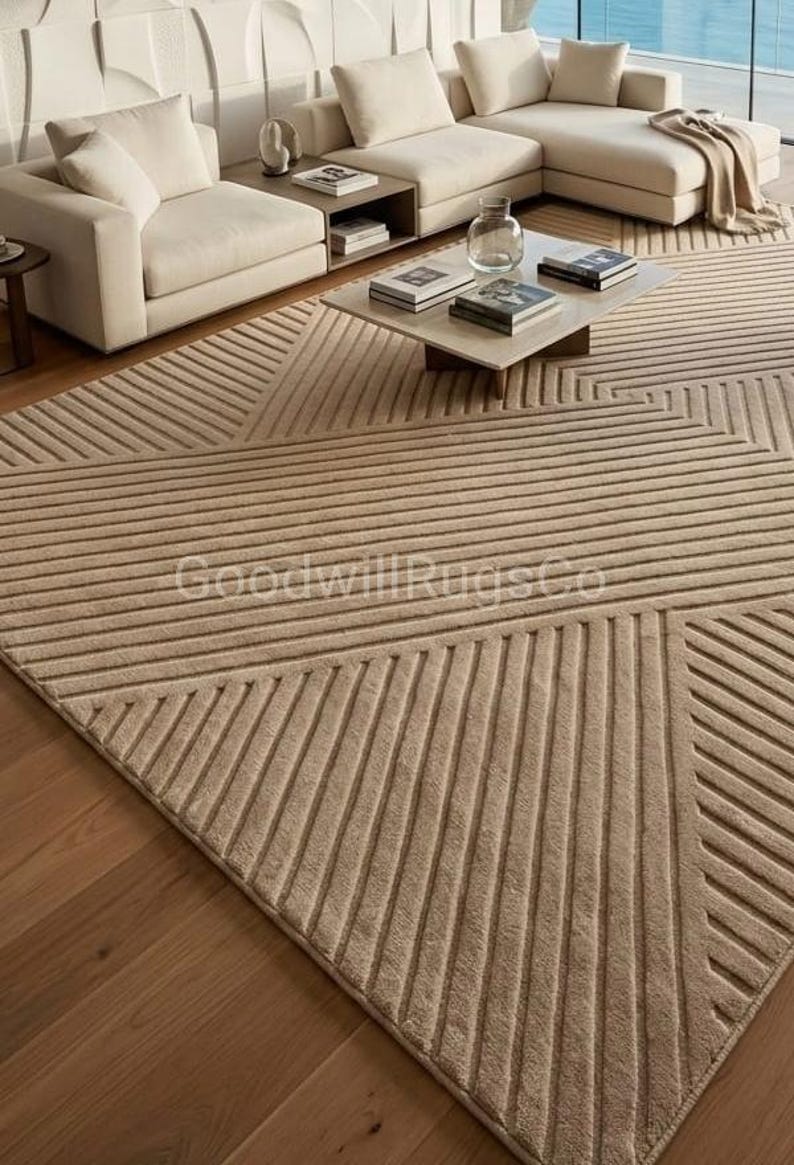 Hand Tufted Neutral Beige Rug, Modern 3D Geometric Carved Area Rug for ...