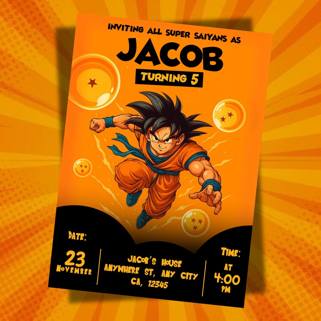 Editable Dragon Ball Z Birthday Invitation, Goku Anime Party Template ...