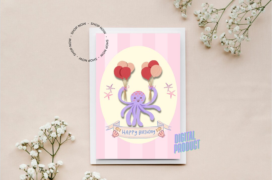 Octopus Birthday Card – Cute Ocean Animal, Kids Birthday (digital ...