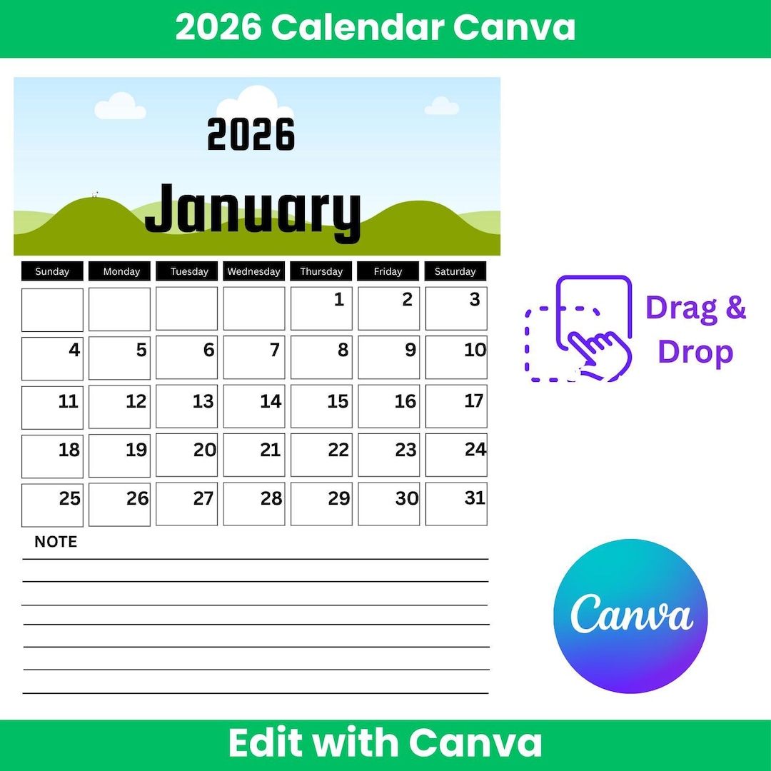 2026 Calendar Canva Editable Templates, Canva Drag and Drop Calendar, 5 ...