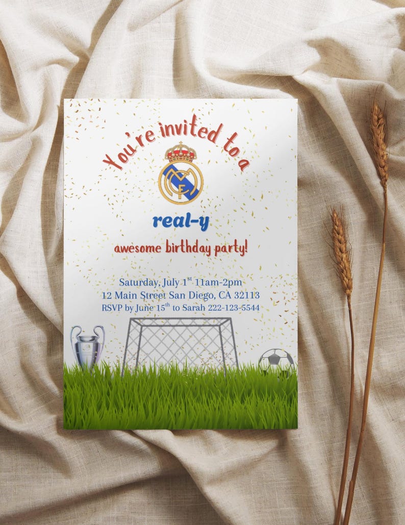 Real Madrid Birthday Invitation - Editable Canva Template | Soccer ...