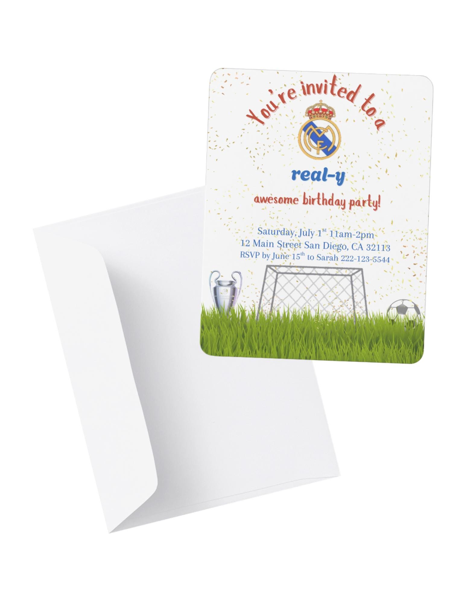 Real Madrid Birthday Invitation - Editable Canva Template | Soccer ...