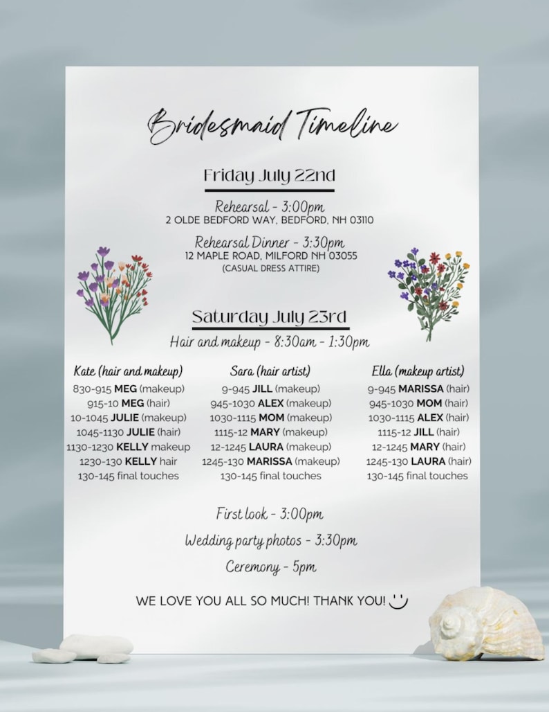 Bridesmaid Timeline Template | Wedding Party Timeline | Wedding Day ...