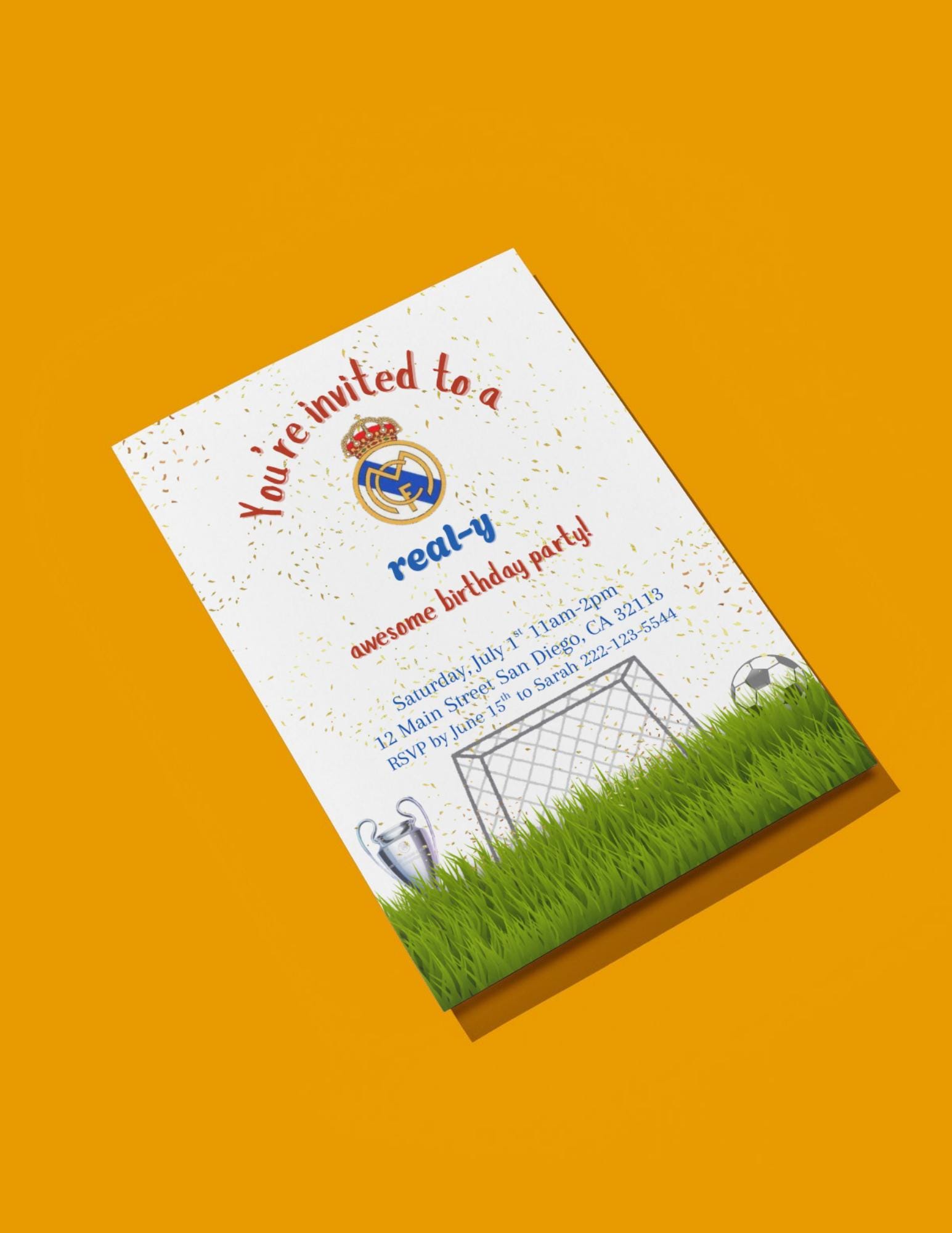 Real Madrid Birthday Invitation - Editable Canva Template | Soccer ...