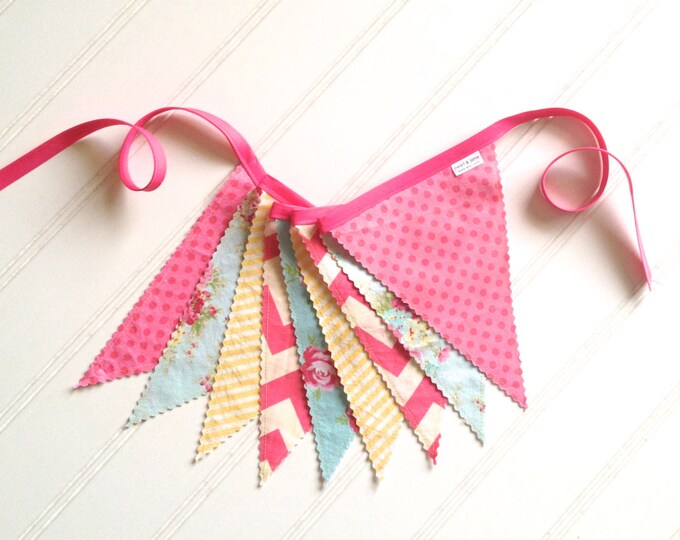 Fabric Pennant Banner, Bunting - Pink, Yellow, and Turquoise Designer ...