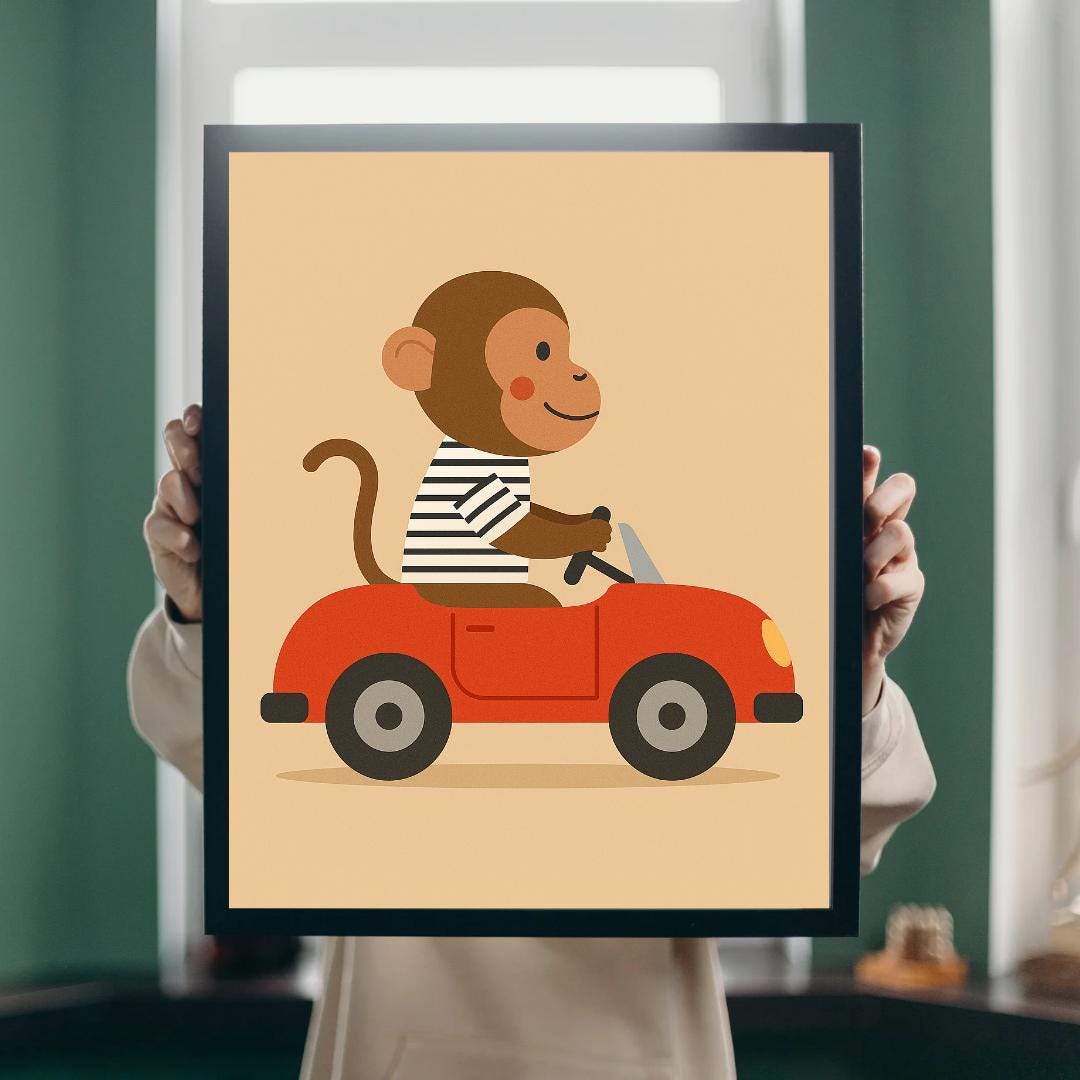 Monkey in Red Convertible Car Print: Playful Nursery Art (digital ...