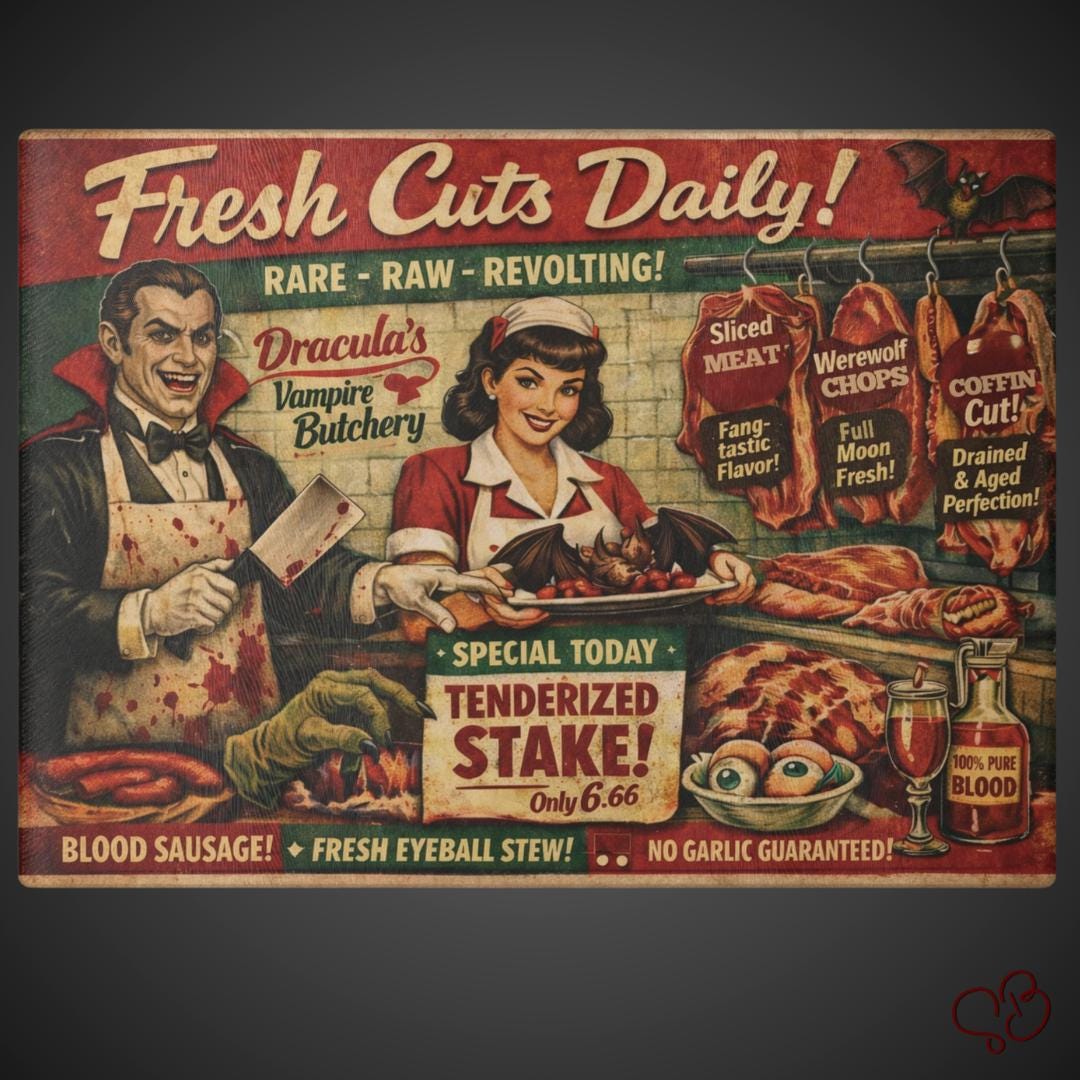 Vintage Vampire Butcher Advertisement Glass Cutting Board | Mid-century ...