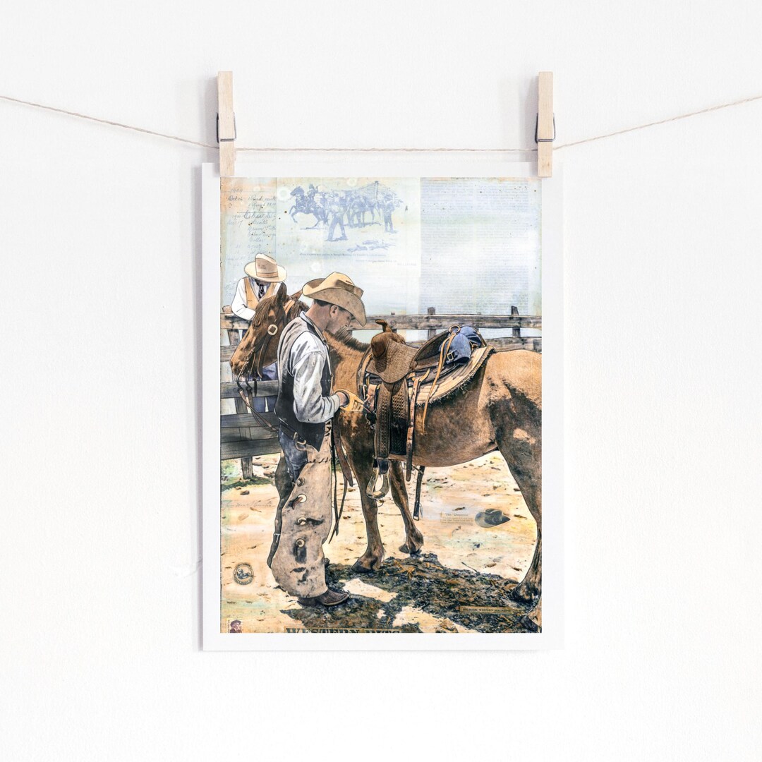 Cowboy Print Saddling up a Horse Wall Art Wall Decor Vintage Photo ...