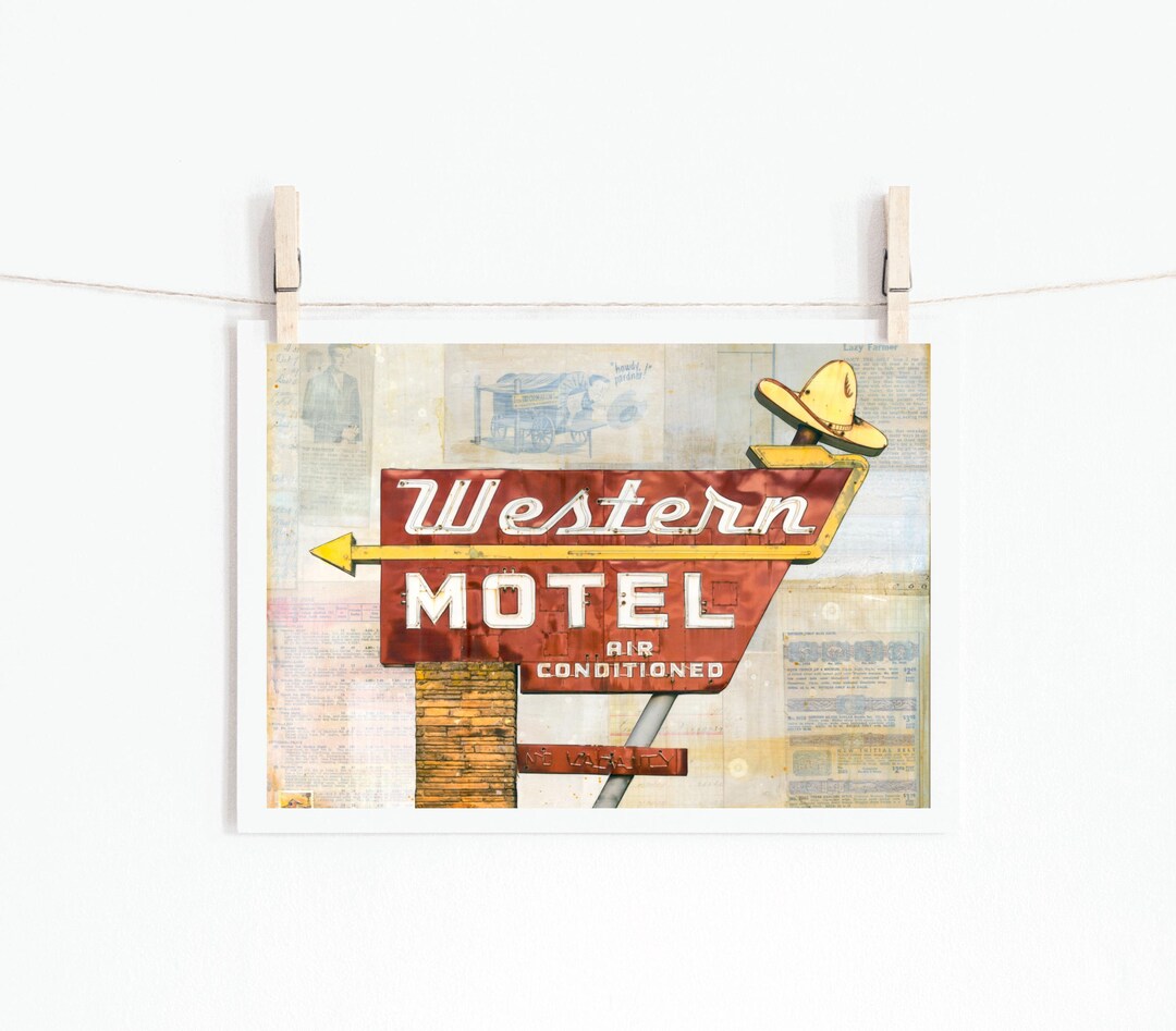 Retro Cowboy Motel Sign Print Vintage Motel Print Neon Sign Print Mid ...