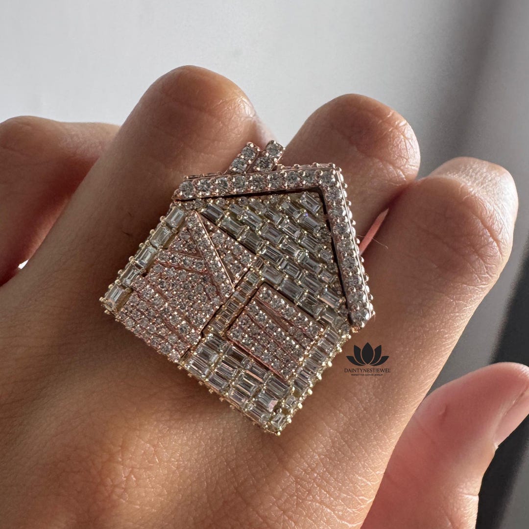Trap House Ring for Men | 3D Iced Out Round & Baguette Moissanite | 18K ...