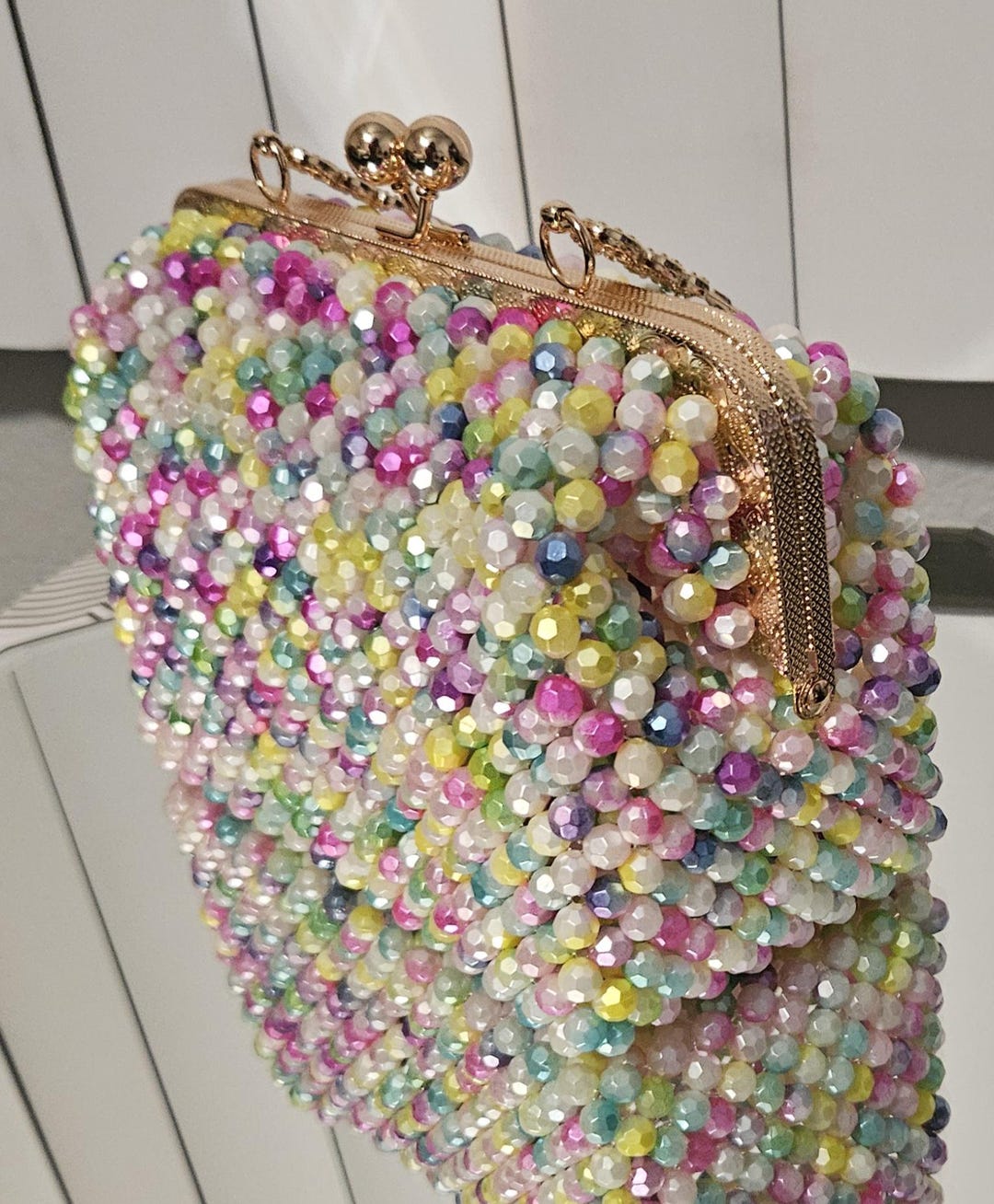 Peguero Bag,rainbow Color Hand Made Bead Bucket Purse With Chain, Metal ...
